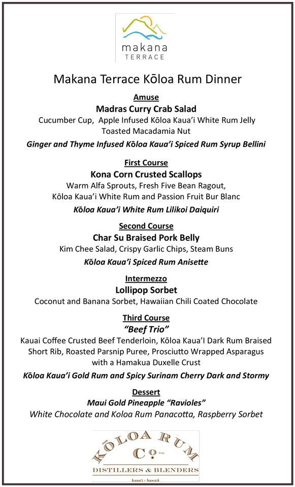 Menu For Makana Terrace Koloa Rum Dinner | Tasting Kauai